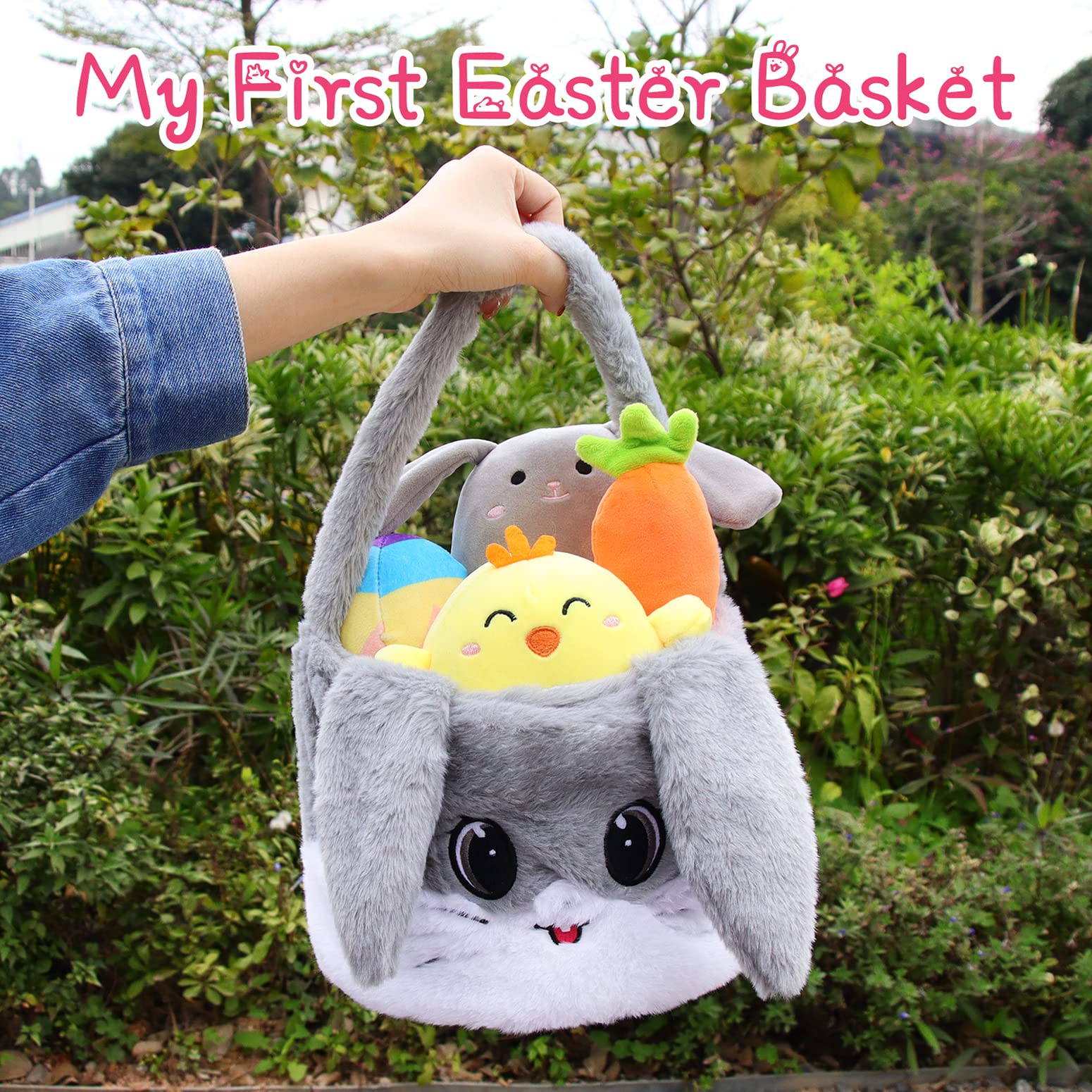 Easter Basket for Kids, Easter Baskets with Handle for Easter Eggs Hunting, Cute Easter Decoration Bunny Bags Filled with Plush Toys, Easter Theme Party Favor Easter Gifts for Boys Girls