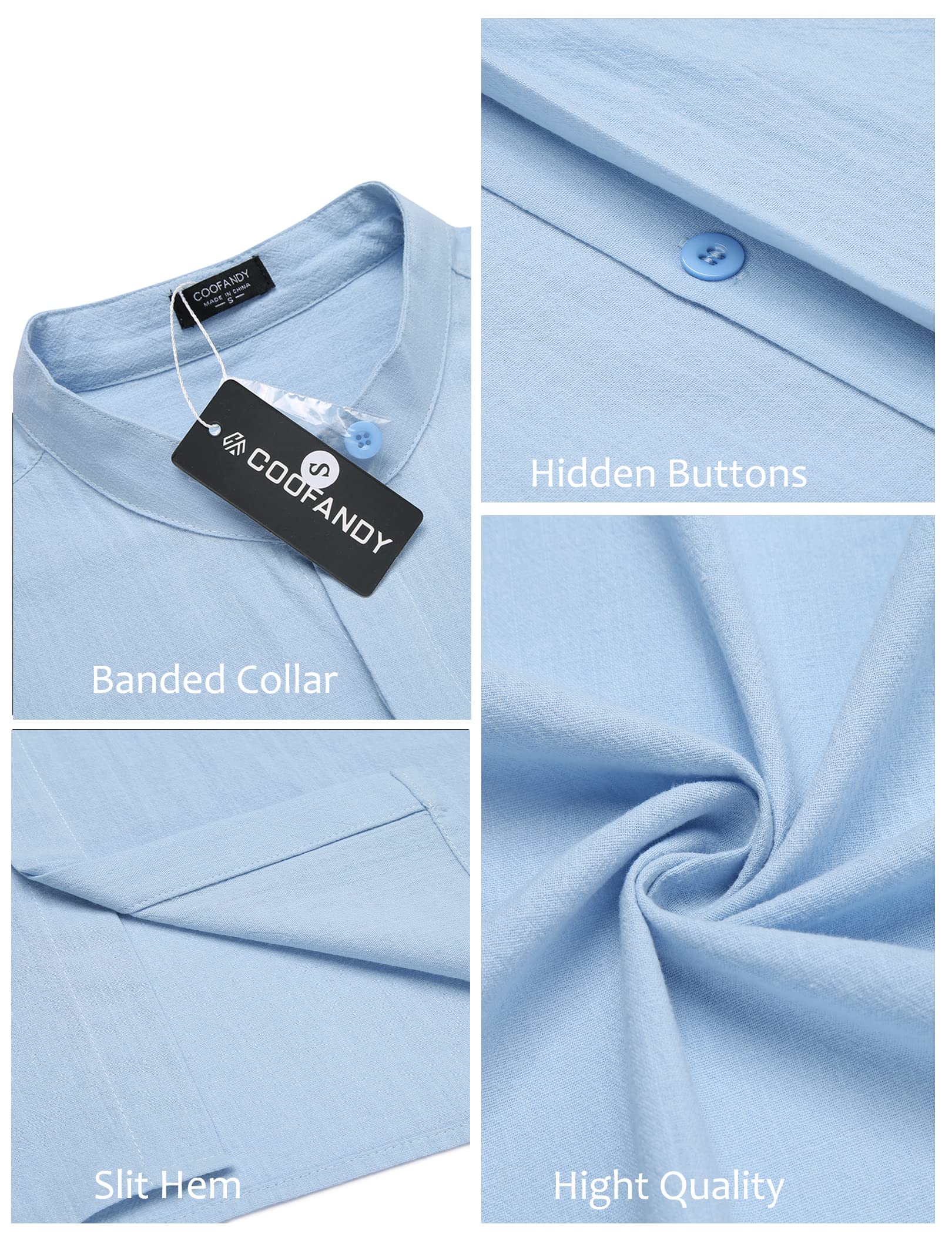 COOFANDY Men's Cotton Linen Shirt Long Sleeve Button Down Shirts Band Collar Beach Yoga Shirts Sky Blue