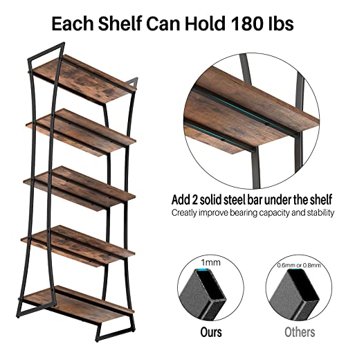 Pabroni Bookshelf Organizer 5-Tier Bookshelf Storage Rack, Rustic Standing Bookcase, Industrial Wood Metal Storage Book Shelves Unit for Home Office, Living Room and Bedroom
