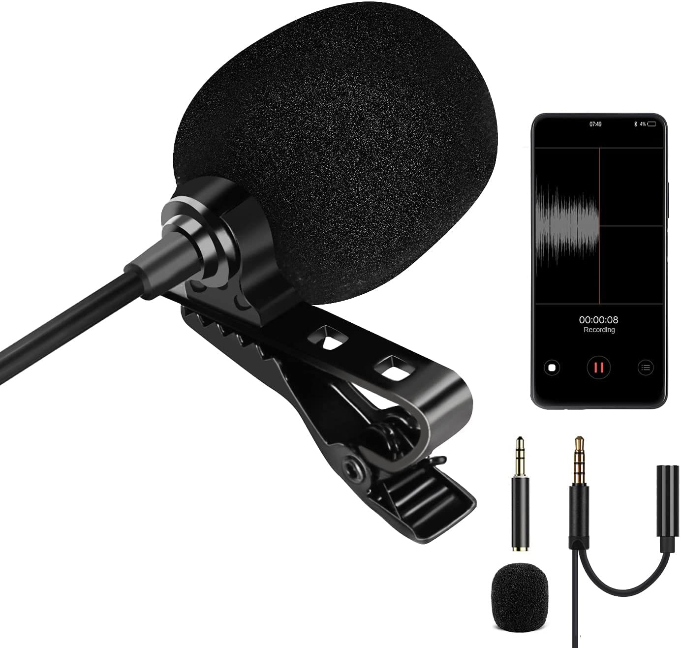 Bokadzi 5 Feet 3.5mm Lavalier Microphone Lapel Omnidirectional Condenser Mic for iPhone Android & Windows Smartphones, YouTube, Interview, Studio, Video Recording(with The 4 Pin to 3 Pin Adapter)