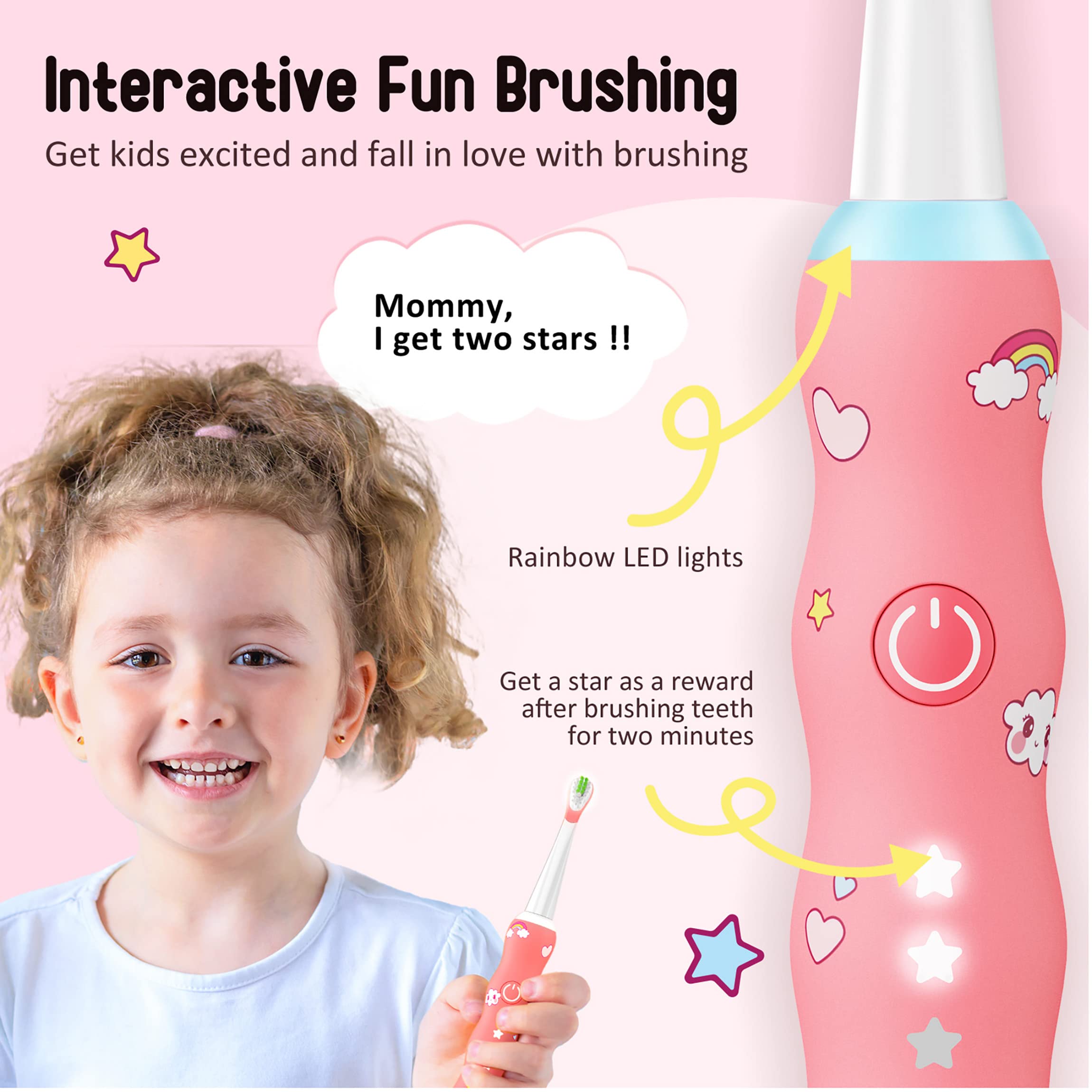COSLUS Kids Sonic Rechargeable Electric Toothbrush - Interactive, Smart LED Light, Cute Cartoon Characters, 3 Cleaning Modes, 2 Minute Timer, IPX7 Waterproof, 2 Soft Bristle Heads, Blue