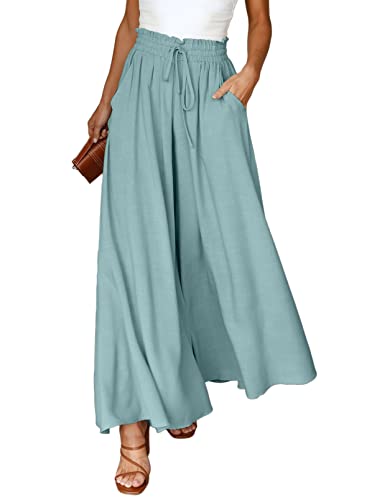 Dokotoo Fashion Wide Leg Pants for Women 2023 Fall Solid High Drawstring Waist Yoga Pants Jogging Jogger Beach Sport Office with Side Pockets Sea Green M