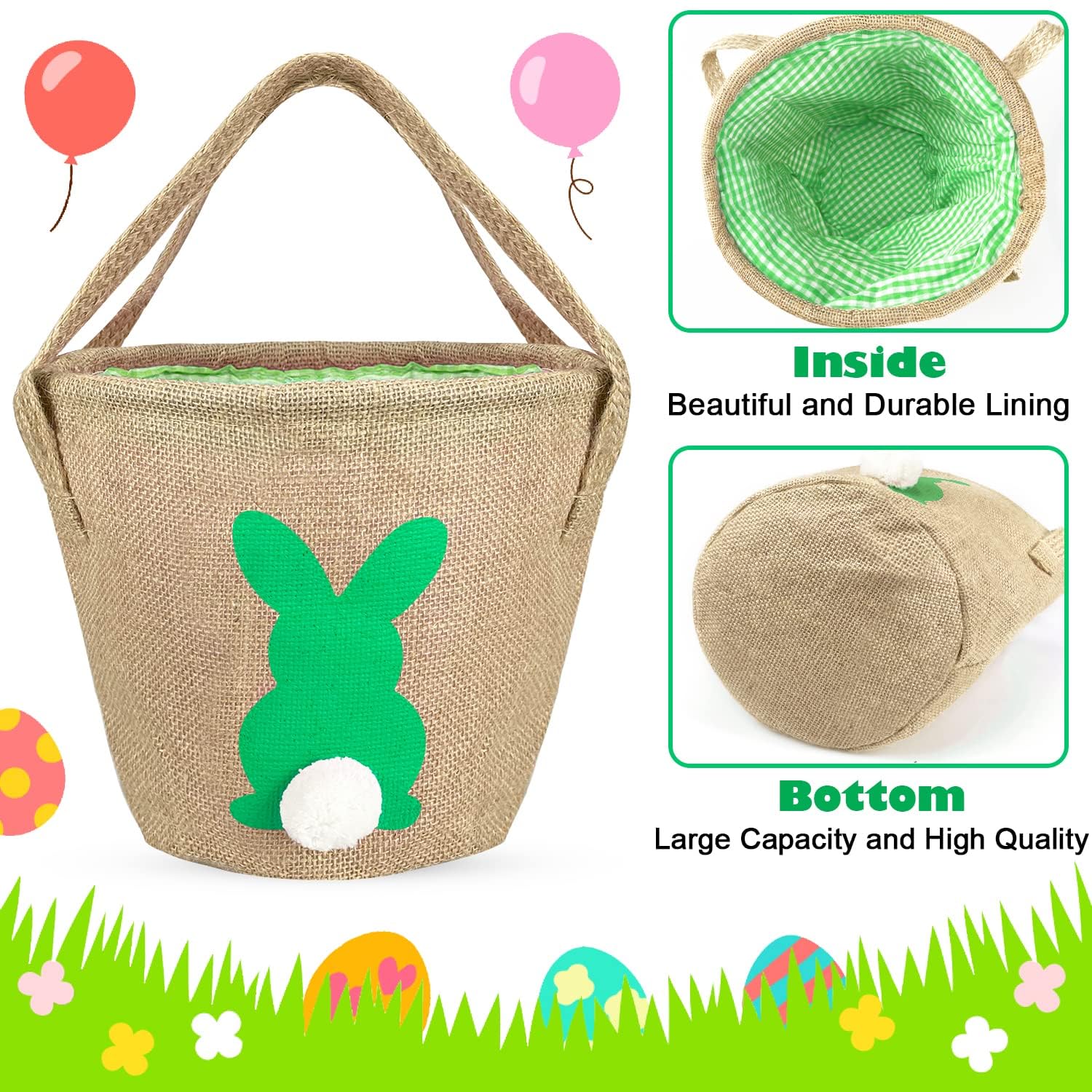 Leesgel Easter Baskets for Kids, Bunny Basket Easter Egg Hunt Baskets, Rabbit Buckets Large Easter Basket Gifts Bags for Boys Girls (Green)