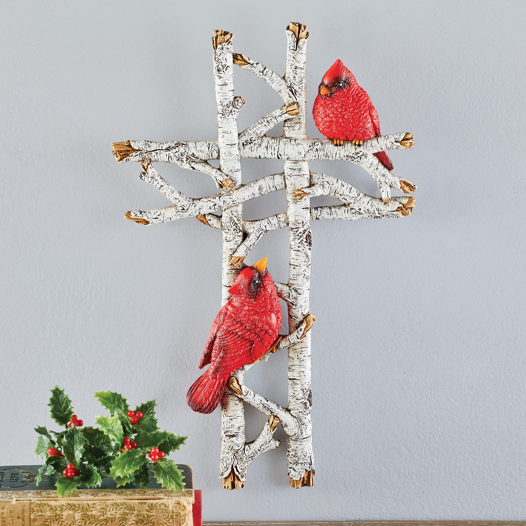 Collections Etc Rustic Christmas Cabin Decor Cardinals on Birch Wall Cross Holiday Decoration