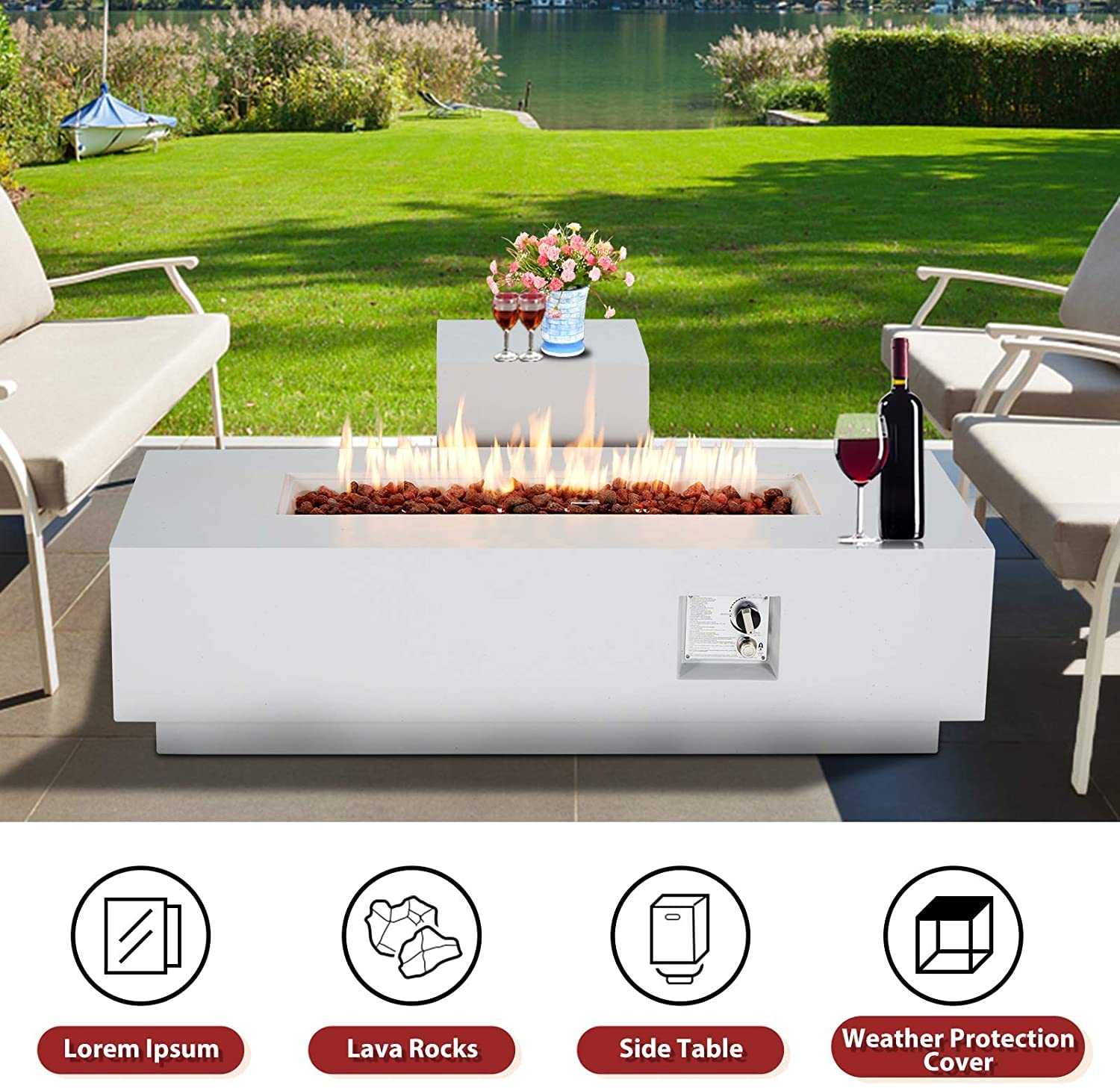 ECOTOUGE 2-Piece 56" Outdoor Rectangle Propane Fire Pit Table with Tank Holder, 50,000 BTU Concrete Fire Table with Weather-Resistant Pit Cover, Auto-Ignition, Free Lava Rocks, Fits 20lb Tank, White