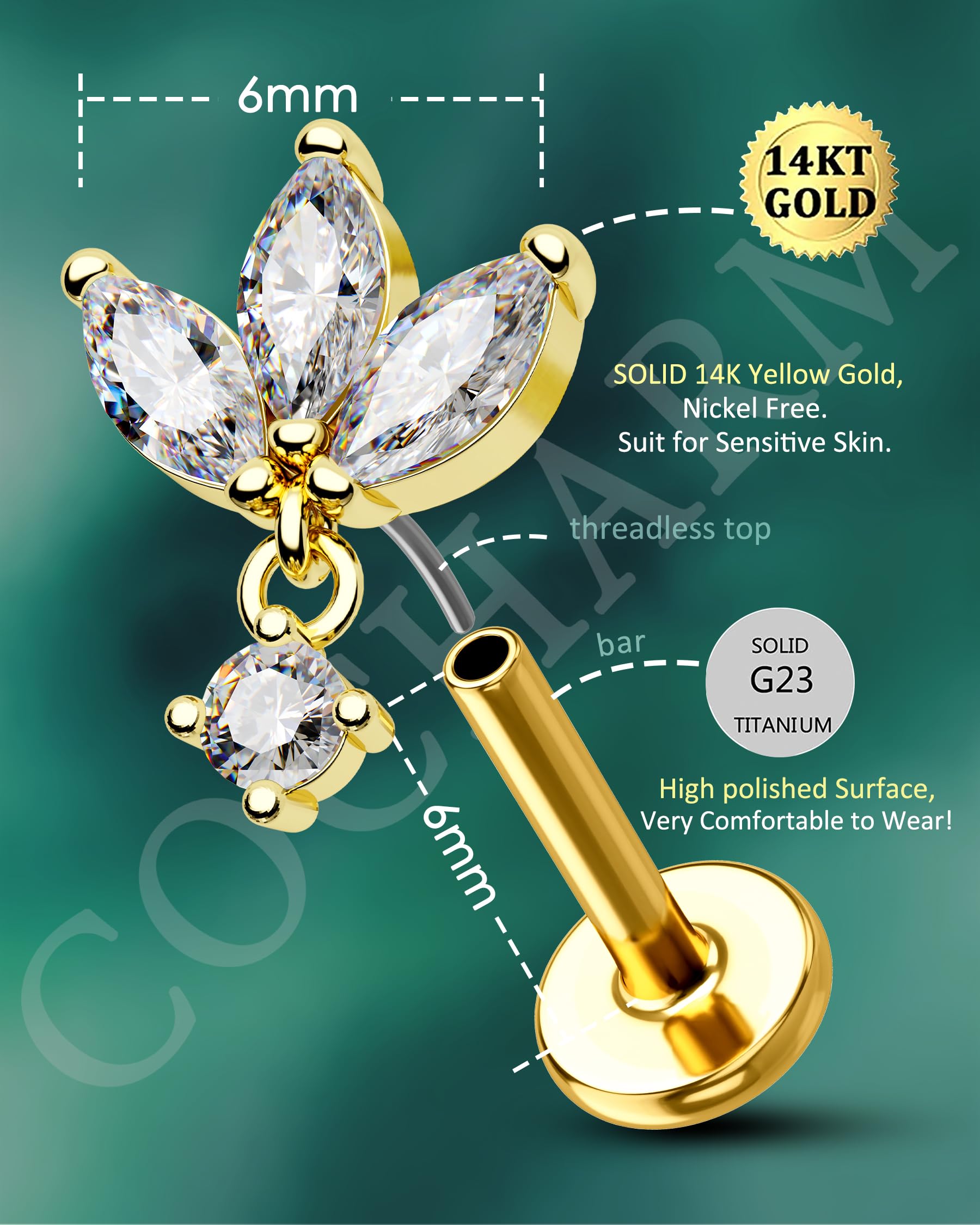 COCHARM 14k Solid Gold Dangling Helix Earings 18g Yellow Gold Cartilage Earrings Stud Real Gold Lotus Flower 18g Tragus Earrings Stud For Women