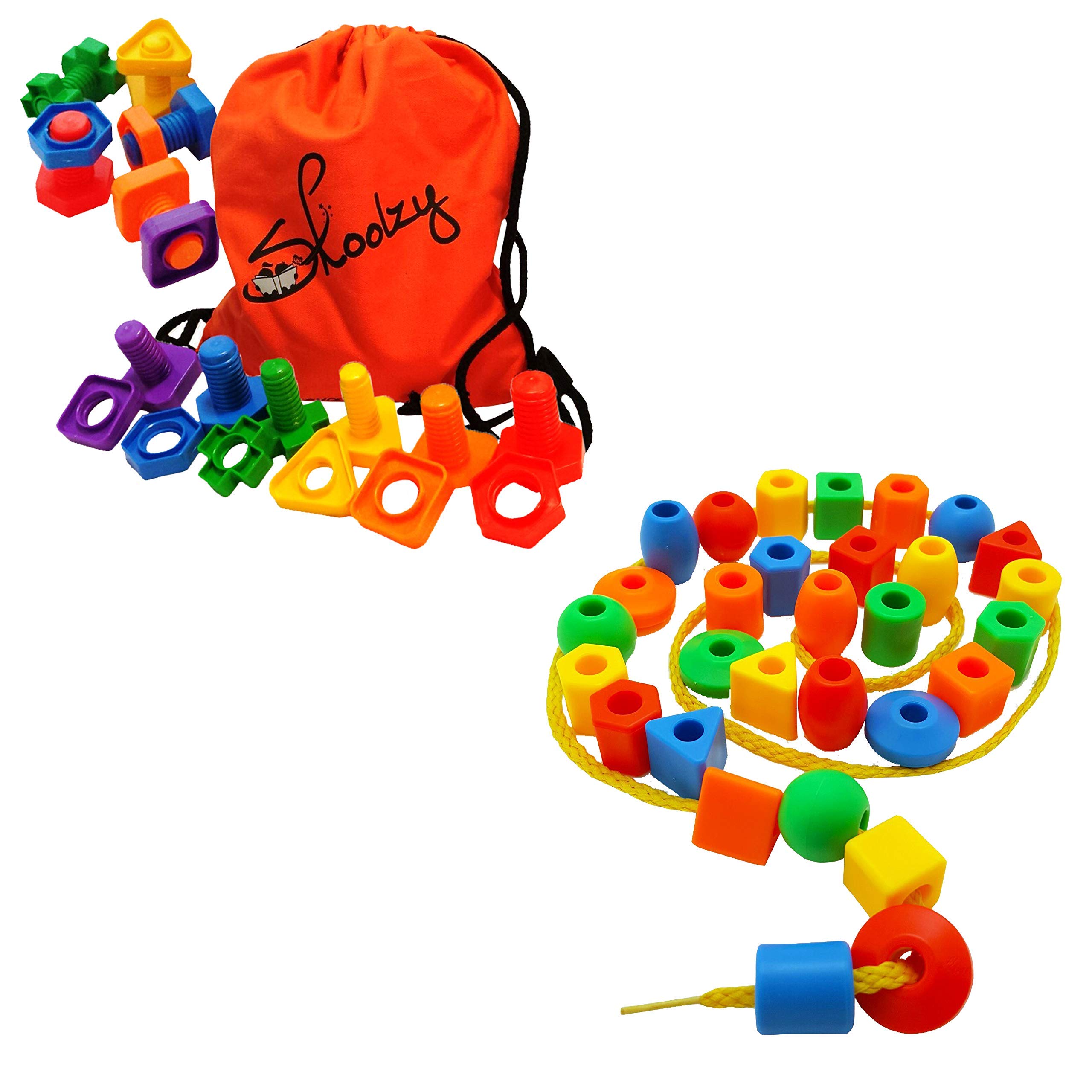 Skoolzy Occupational Therapy Toddler Toys - Preschool Lacing Beads and Jumbo Nuts and Bolts - Montessori Toys for Kids