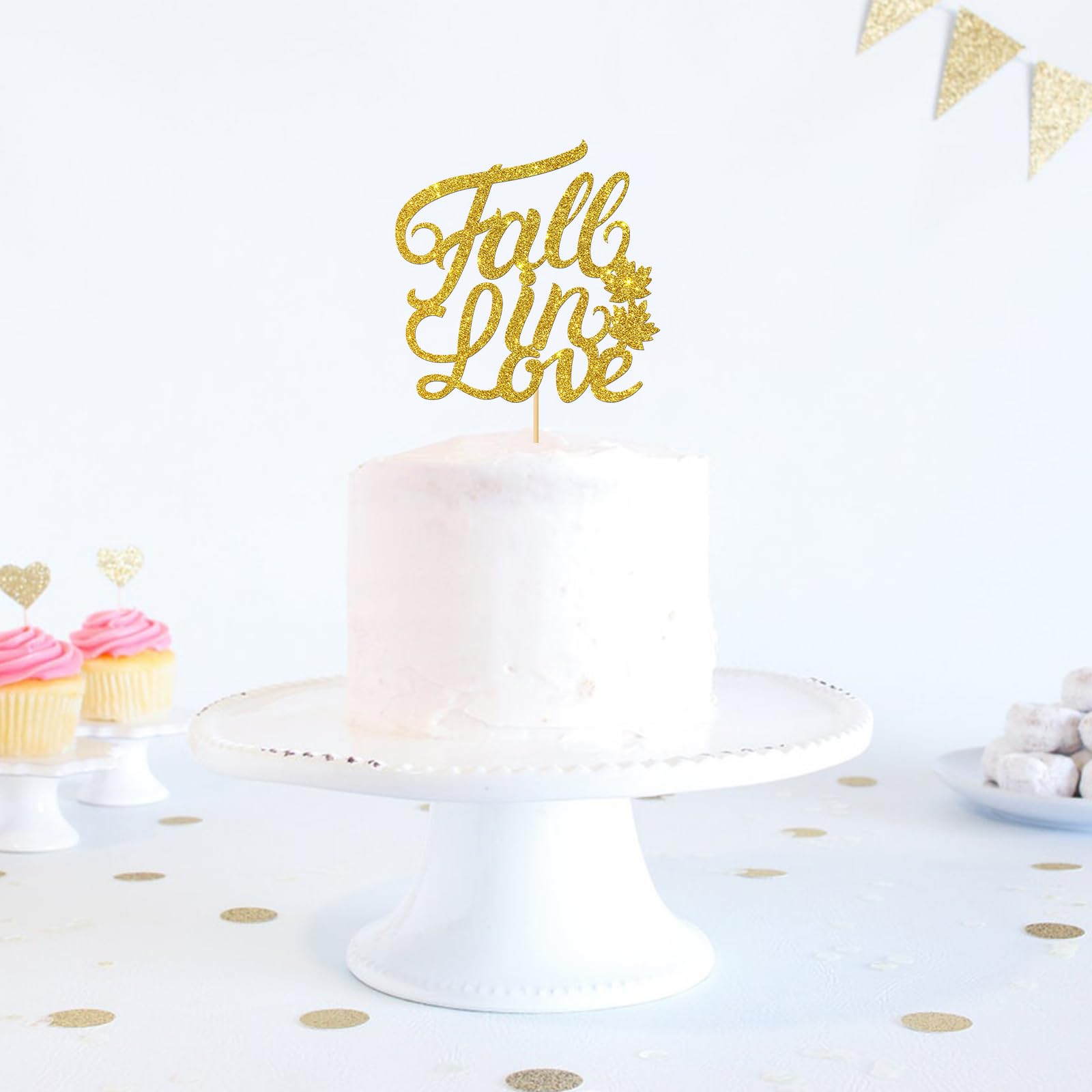 Gold Glitter Fall in Love Cake Topper - Fall Themed Wedding/Wedding Anniversary/Bridal Shower Party Decorations