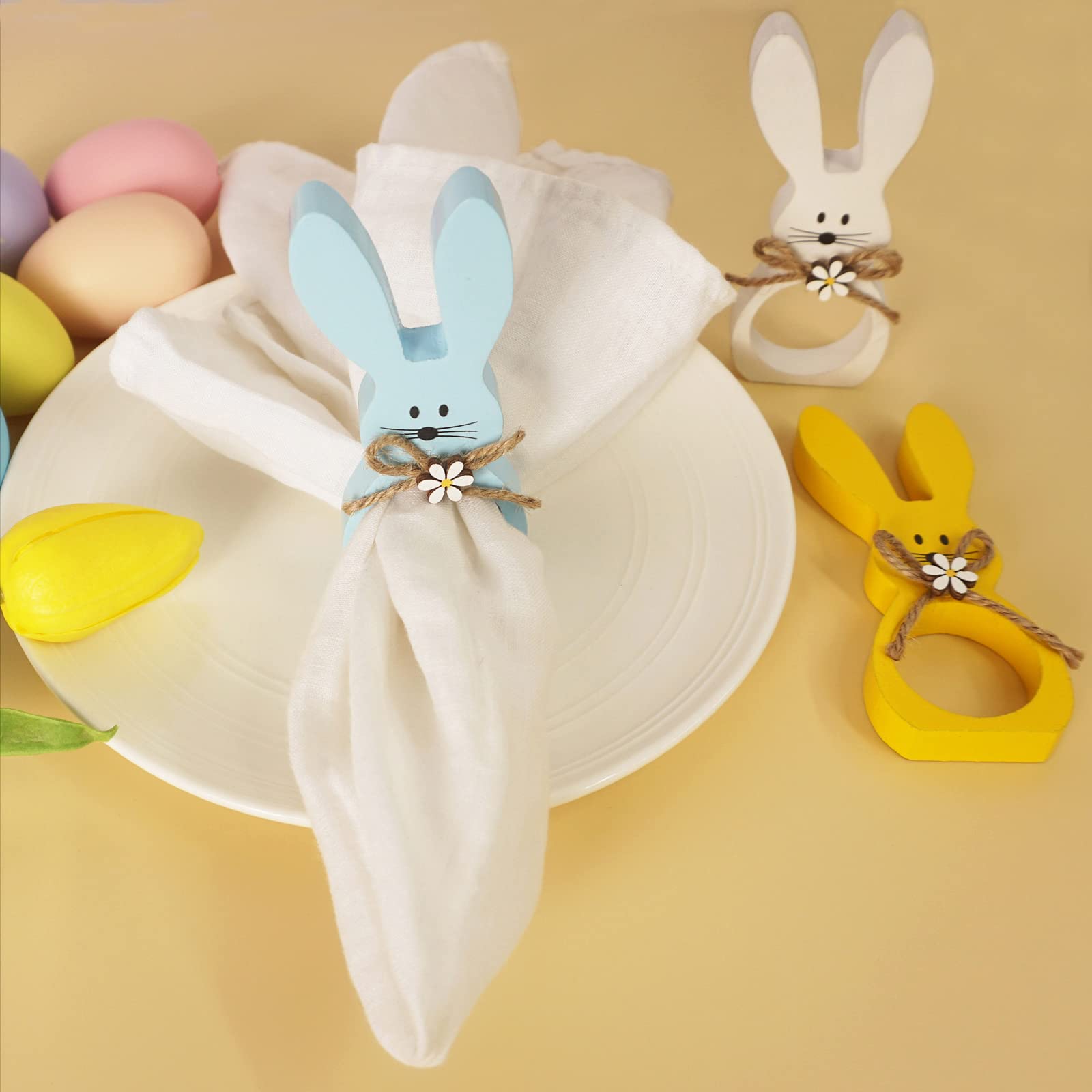 Easter Napkin Rings Set of 6, Wood Bunny Napkin Rings Rabbit Napkin Ring Holders for Easter, Spring Party, Dinning Table Decorations