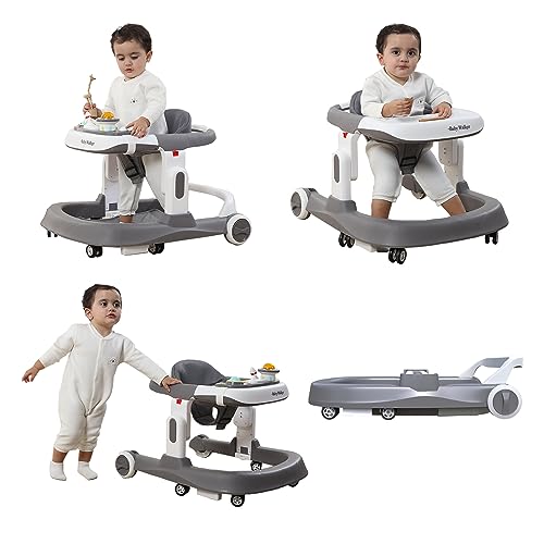 Marzviyia 4-in-1 Baby Walker with Wheels, Foldable Baby Push Walker with Adjustable Height & Speed, Standing Activity Center with Music & Lights,Silent Grey