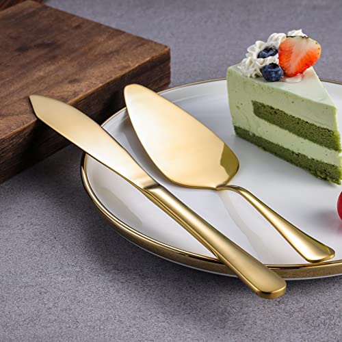 Gold Cake Cutting Set with Luxury Gift Box,Stainless Steel Gold Cake Pie Pastry Servers, Gold Cake Serving Set, Elegant Cake Knife and Server Set Perfect For Wedding, Birthday, Parties and Events.