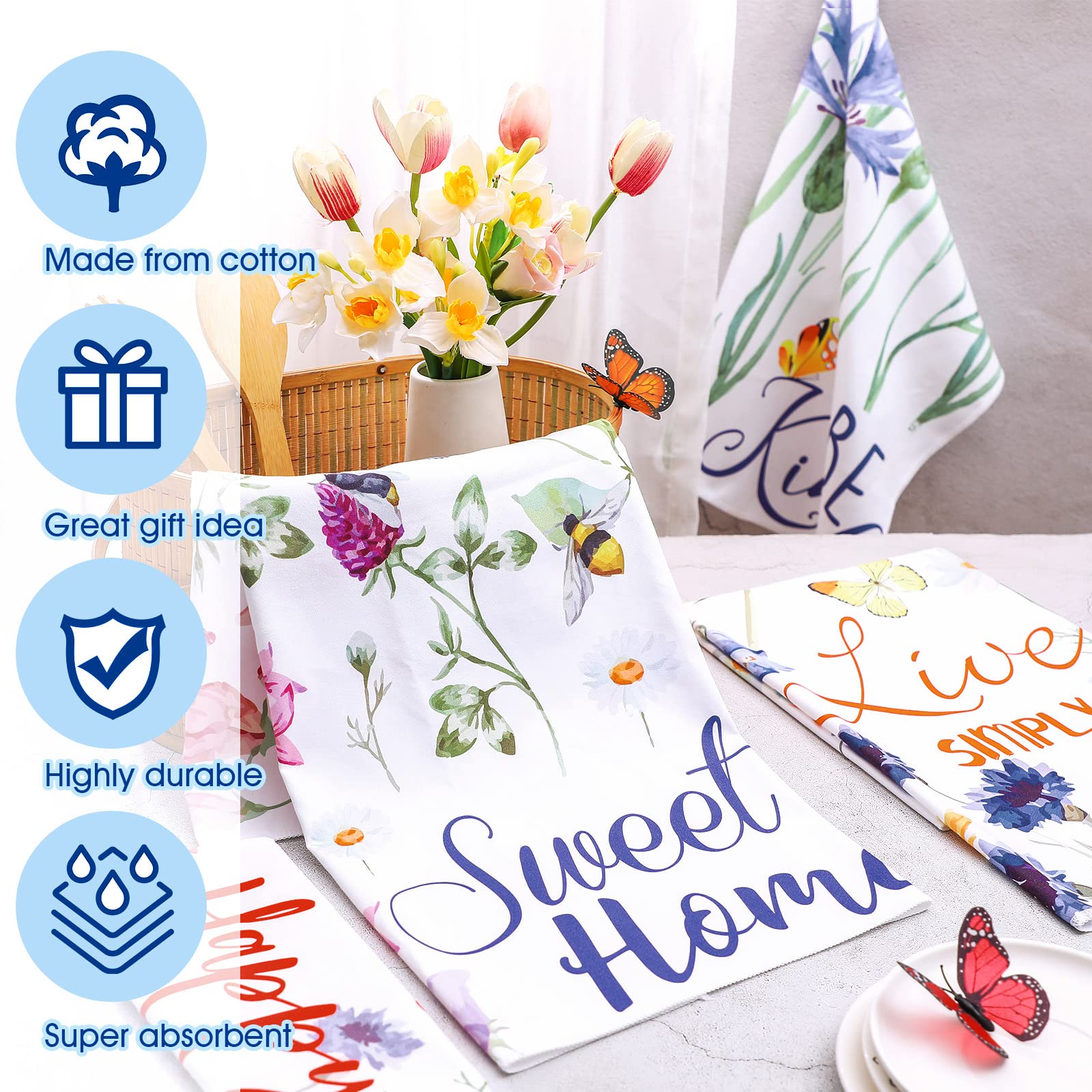 CHENGU 4 Pack Spring Kitchen Towels, Absorbent Dish Towels for Kitchen, Reusable Cleaning Towels Decorative Set, Kitchen Towel Terrycloth Tea Towels, Hand Towel for Kitchen (Wildflower Style)