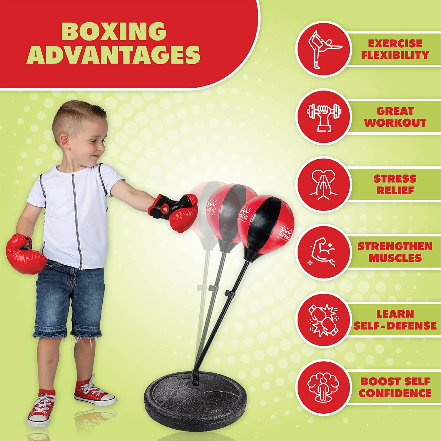 ToyVelt Punching Bag for Kids Boxing Set Includes Kids Boxing Gloves and Punching Bag, Standing Base with Adjustable Stand + Hand Pump - Top Gifting Idea for Boys and Girls Ages 3-8 Years Old