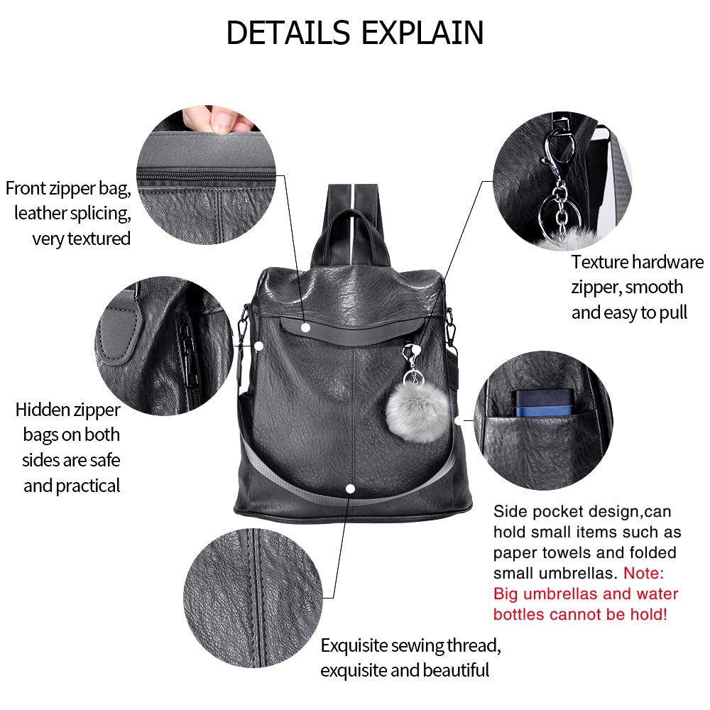 ROOSALANCE Women Backpack Waterproof Anti-theft PU Leather Fashion Purse Shoulder Bag Travel Backpack Ladies (Blue)