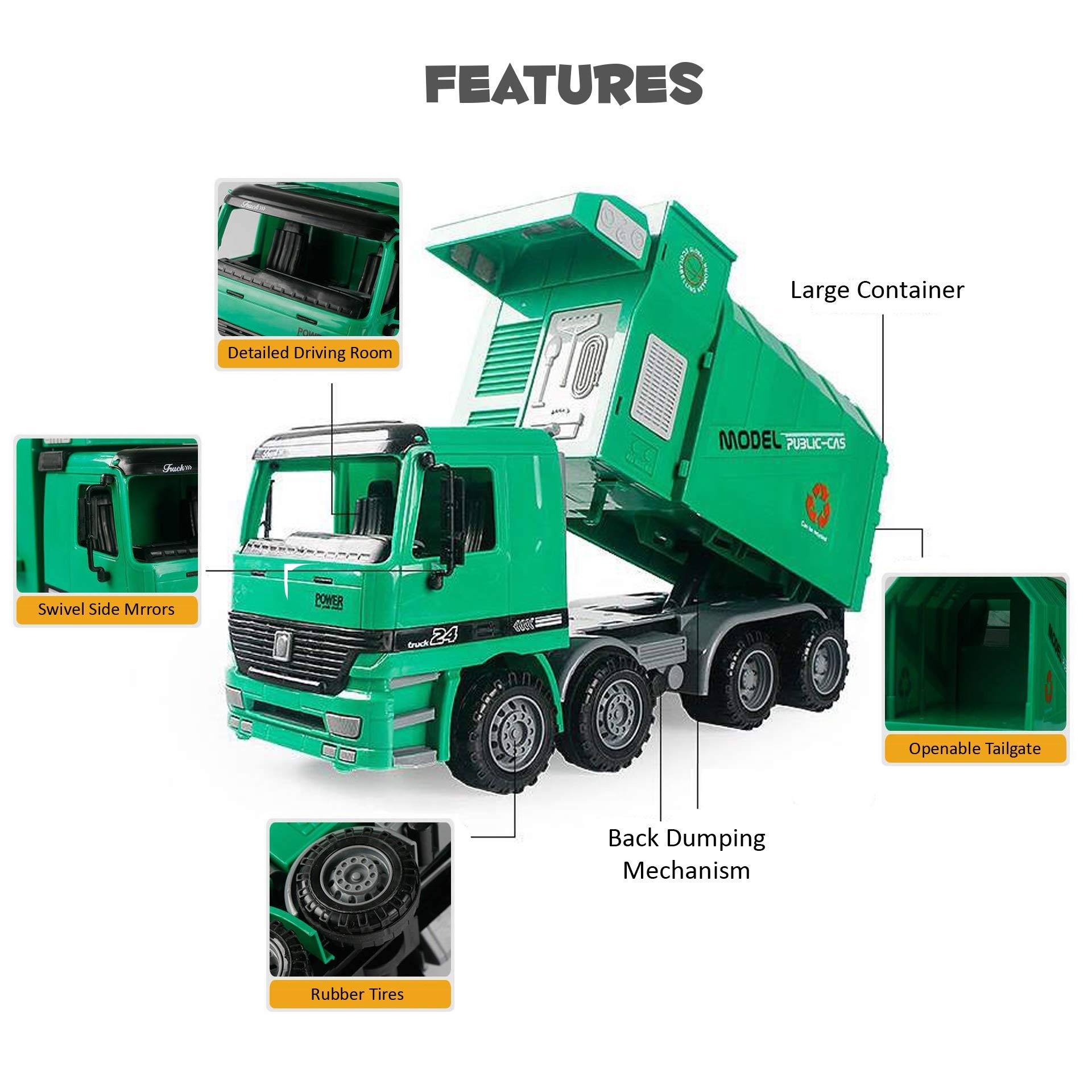 Liberty Imports Kids 14" Garbage Truck Toy, Large Friction Powered Sanitation Waste Management Truck Play Vehicle with Side Loading and Back Dump