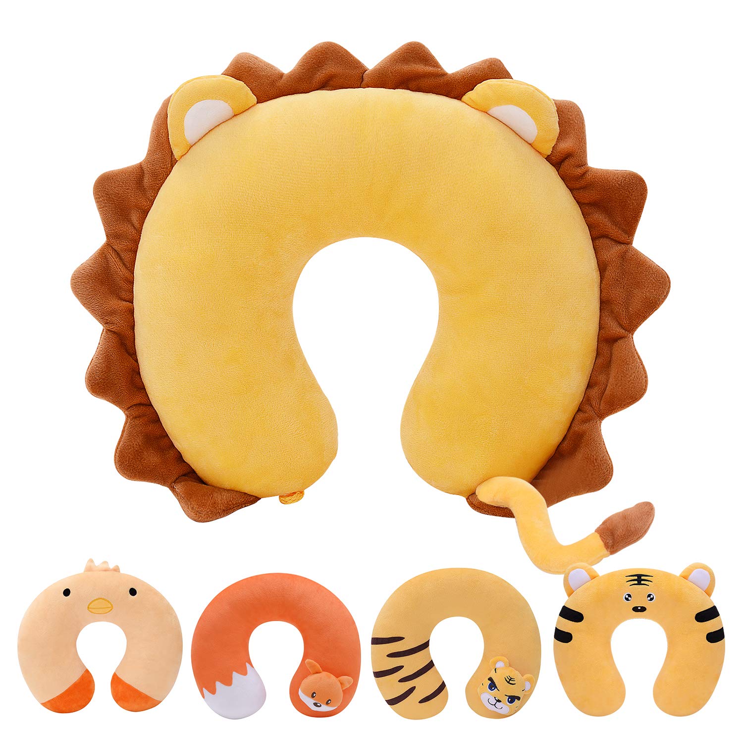 H HOMEWINS Travel Pillow for Kids Toddlers - Soft Neck Head Chin Support Pillow,Cute Animal in Any Sitting Position for Airplane,Car,Train,Machine Washable,Children Gifts(Lion)