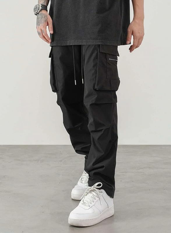 JMIERR Men Casual Cargo Pants Elastic Waist Drawstring Tactical Pant Lightwight Hiking Joggers Pants Loose Fit with Multi Pockets, US 34(M), 1 Black