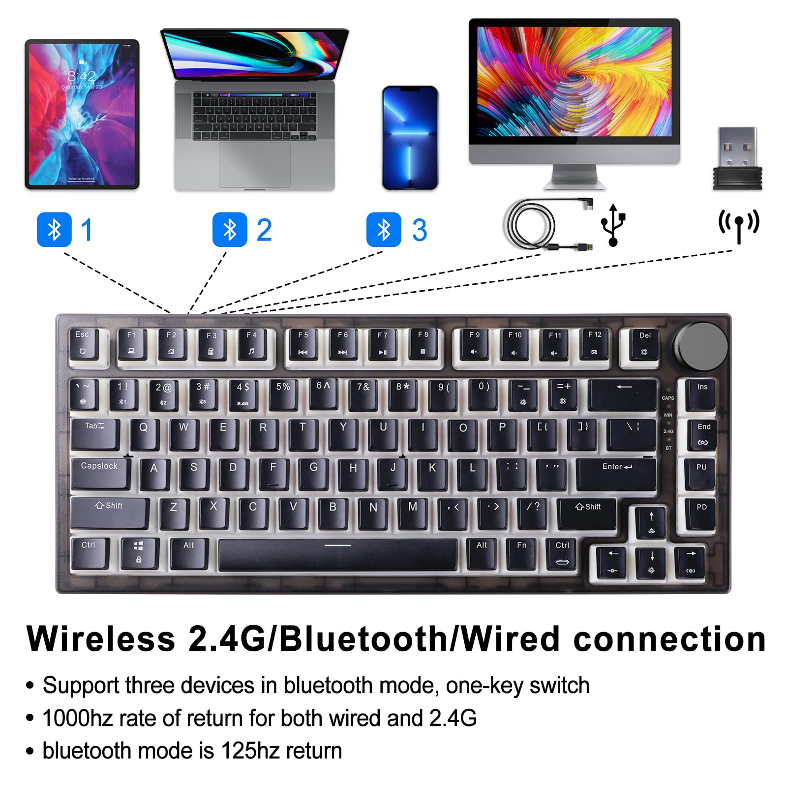 DIERYA T83 75% Mechanical Keyboard with Gasket Mount, Wireless/Wired/2.4GHz Hot-Swap Programmable DIY Keyboard Kit with 3pin/5pin Switch, RGB Backlight,Pudding Keycap,Multimedia Knob (Translucent)