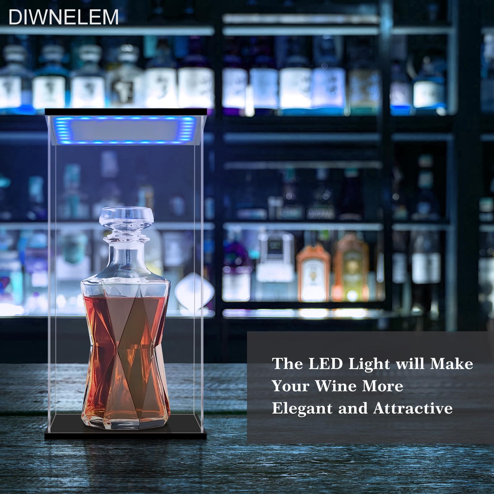 DIWNELEM Acrylic Wine Bottle Display Case with LED Light Display Stand Wine Display Case Protector Dustproof for Red Wine,Champagne,Liquor,Whiskey,Beer,Beverage Bottle (5.8 * 5.8 * 11.8")