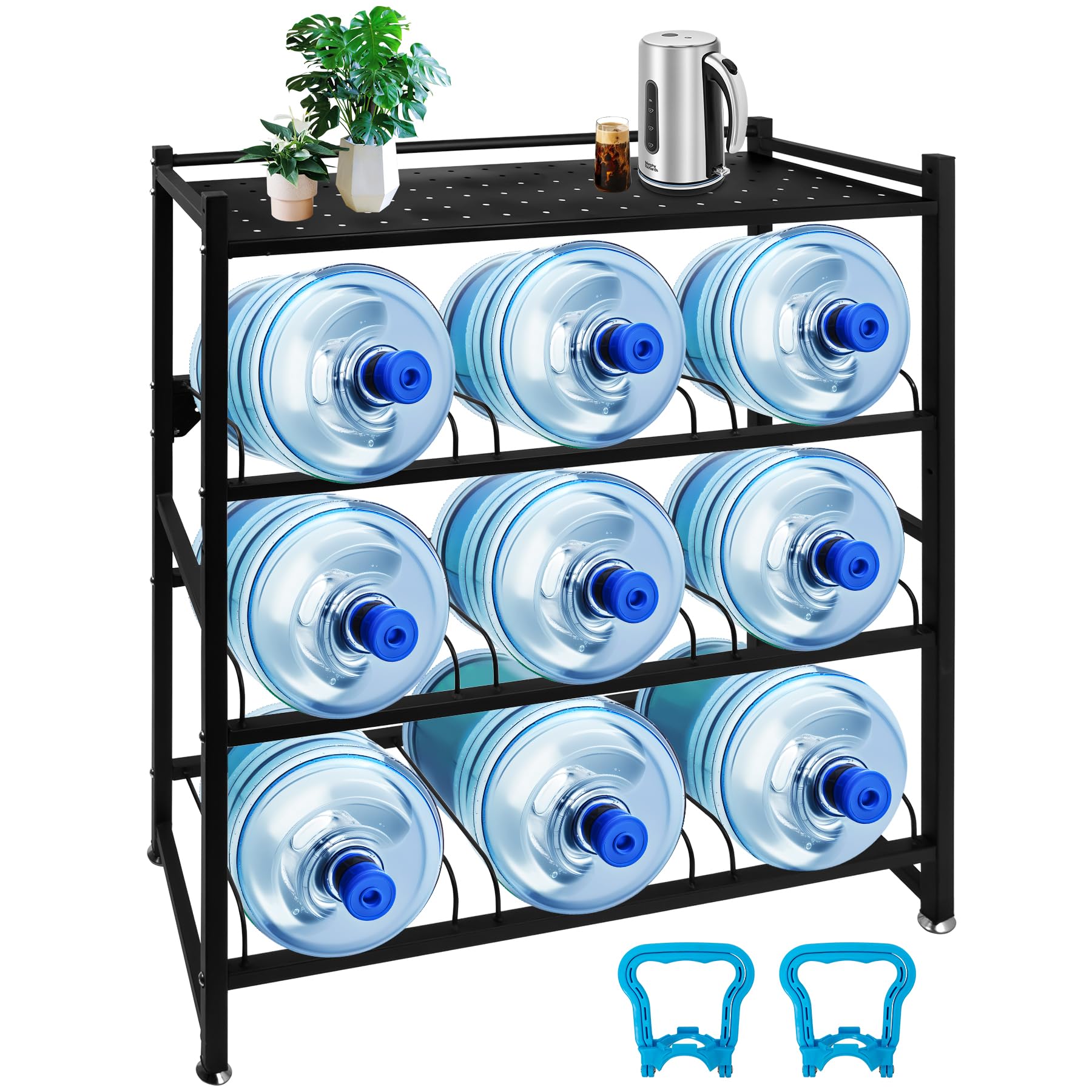 Eastrexon 5 Gallon Water Jug Holder Heavy Duty,4-Tier Water Jug Rack w/Top Shelf, Wall Mount Water Bottle Holder for 9 Bottles, Powder Coated Water Rack Stand for Home, Office, Restaurant, Gym.