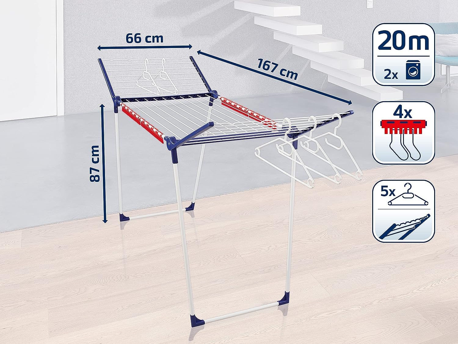Leifheit Pegasus 200 Solid Standing Clothes Airer with Accessories, Folding Clothes Rack for Outdoor and Indoor, 20 m Clothes Horse with 4 Clips for Drying Small Items and 5 Hangers [Amazon Exclusive]