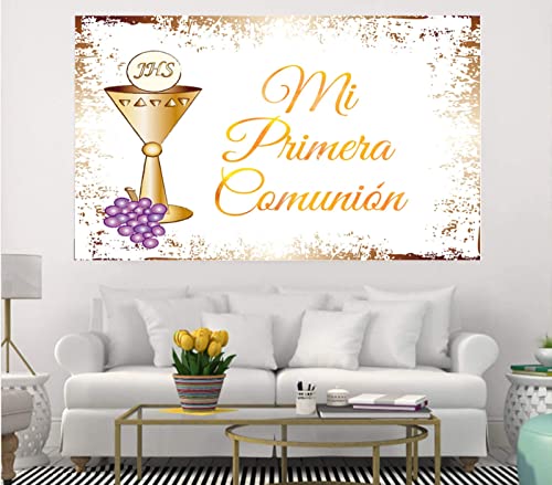 Holy Communion Party Backdrop Photograph Mi Primera Comunion Purple Grapes Background God Bless Decor Prop Photozone Photo Studio Banner Vinyl (7ft×5ft)
