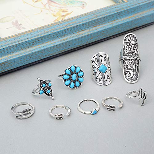COLORFUL BLING 9 Pcs Set Boho Western Ring Set Turquoise Cactus Arrow Flower Carved Retro Stackable Joint Knuckle Finger Rings Sets for Women