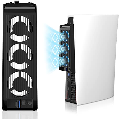 Cooling Fan for PS5 Disc & Digital Editions, ELECGO Efficient Heat Dissipation & Low Noise Fans Built-in 3 Small Fans with Powered USB 3.0 Port, LED Light, Adjustable Wind