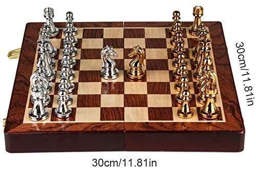 Chess Sets and Boards High-Grade Solid Wood Set,Retro-Style Metal Bronze Pieces,Special Folding Board for Adults and Children's (B 30CM)