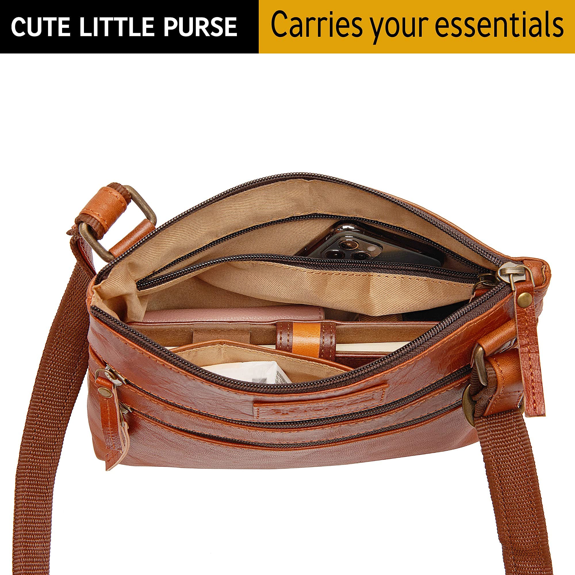 rofozzi Leather Crossbody Bags for Women - Shoulder Handbag and Purse with Triple Zipper Pockets - Small