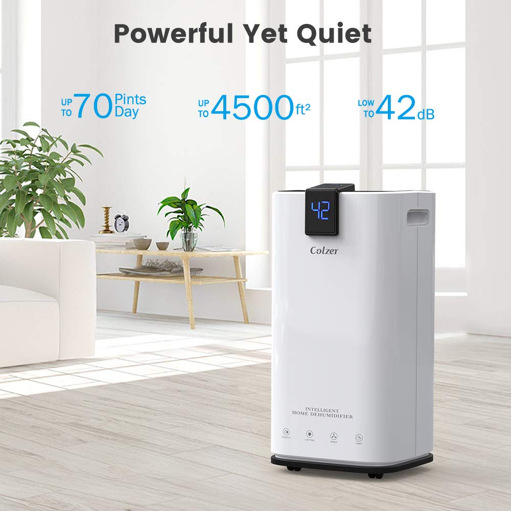 COLZER 70 Pints 4,500 SQ FT Home Dehumidifiers for Basements & Large Rooms, Large Removal Capacity with 7.4-Pint Water Bucket & Continuous Drain Hose for Self-draining