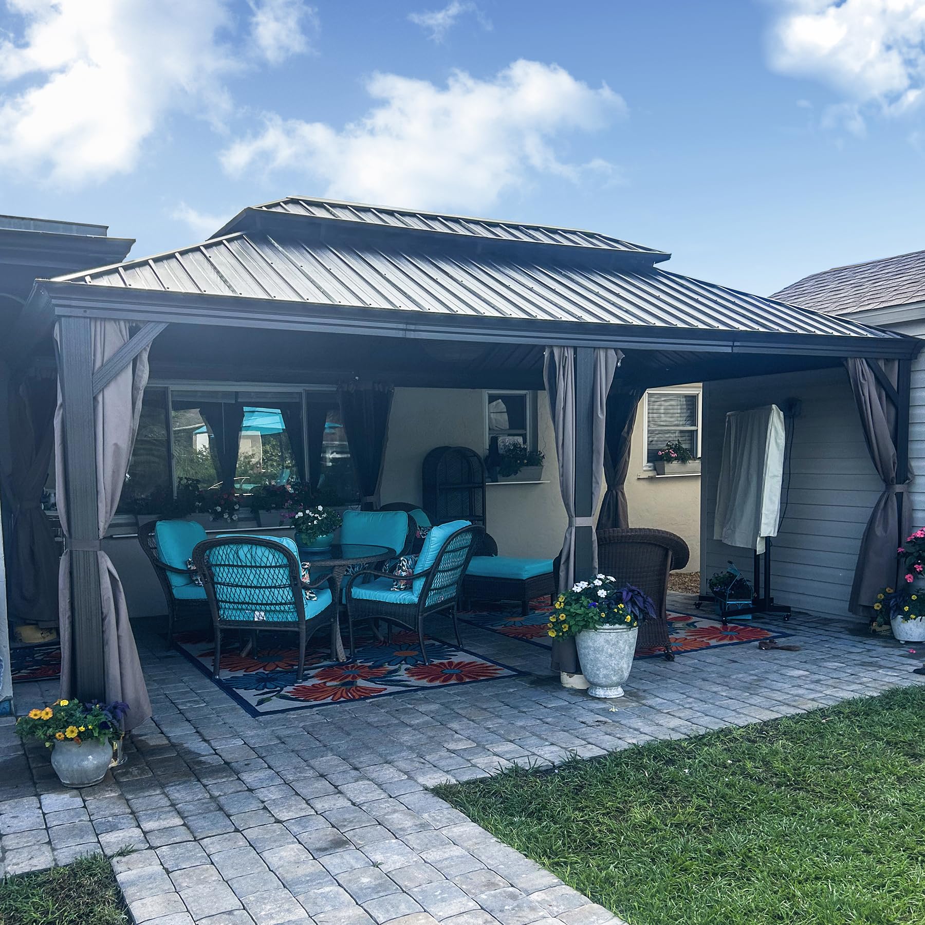 Domi Outdoor Living 12β X 20β Hardtop Gazebo, Outdoor Aluminum Frame Canopy with Galvanized Steel Double Roof, Outdoor Permanent Metal Pavilion with Curtains and Netting for Patio, Backyard and Lawn