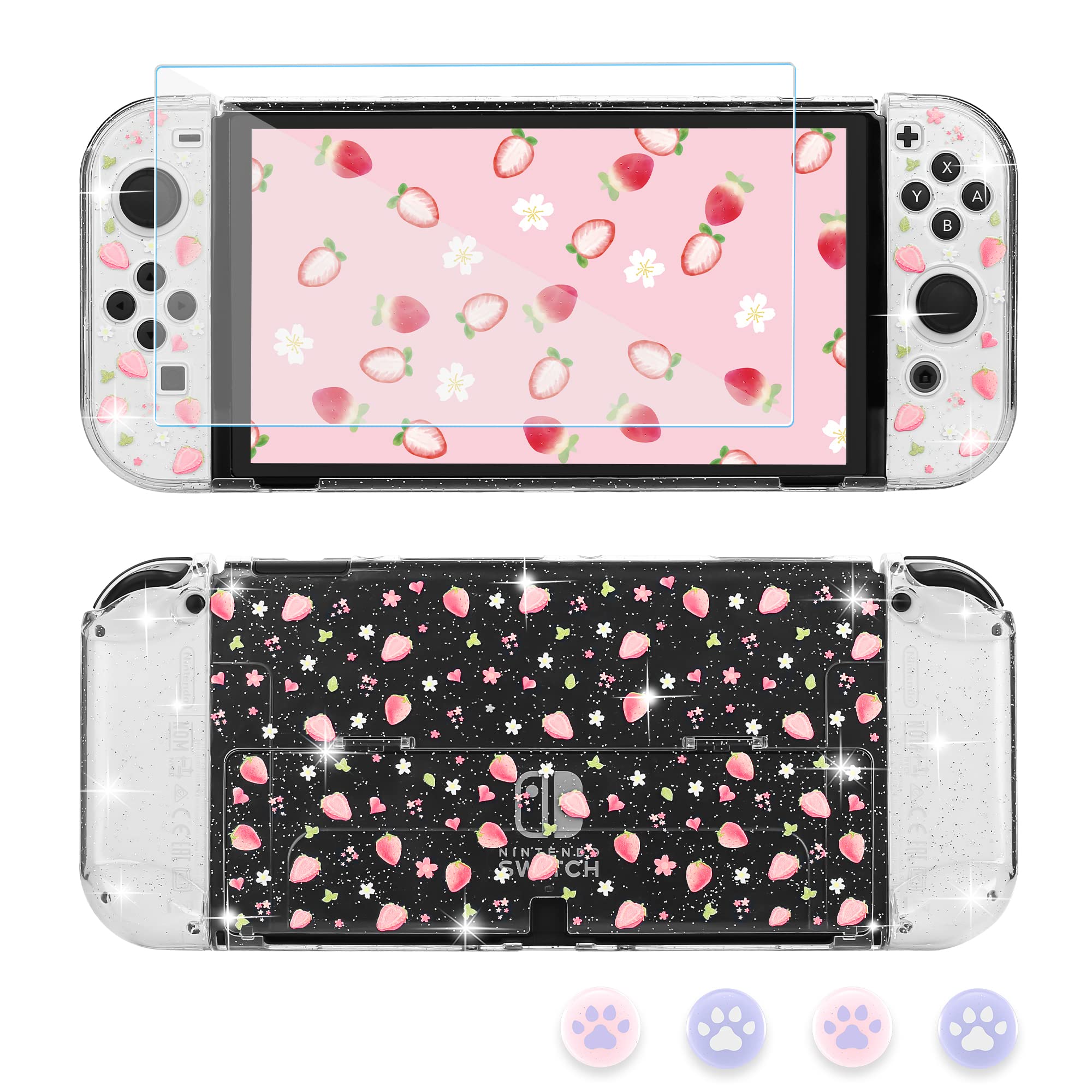 Crystal Case for Nintendo Switch OLED, FANPL Cute Protective Cover Compatible with Switch OLED, Kawaii PC Shell Accessories for Girls with 4 Thumb Caps and Screen Protector - Glitter Pink Strawberry