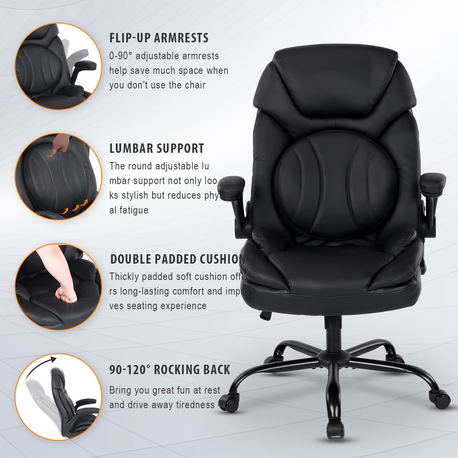 Comermax Ergonomic Executive Office Chairs with Lumbar Support, PU Leather Home Office Desk Chairs with Wheels and Flip up Arms, 90-120° Rocking Managerial Executive Chair (Black),Medium(300lbs)