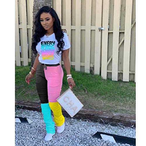Casual 2 Piece Outfit Sets for Women Color Block Short Sleeve T-Shirts + Stacked Flare Pants Tracksuit Sweatsuit A-Black