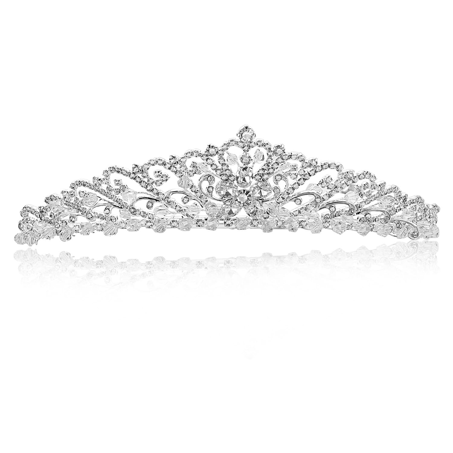 Bridal Wedding Princess Rhinestones Crystal Flower Tiara Crown - Silver Plating