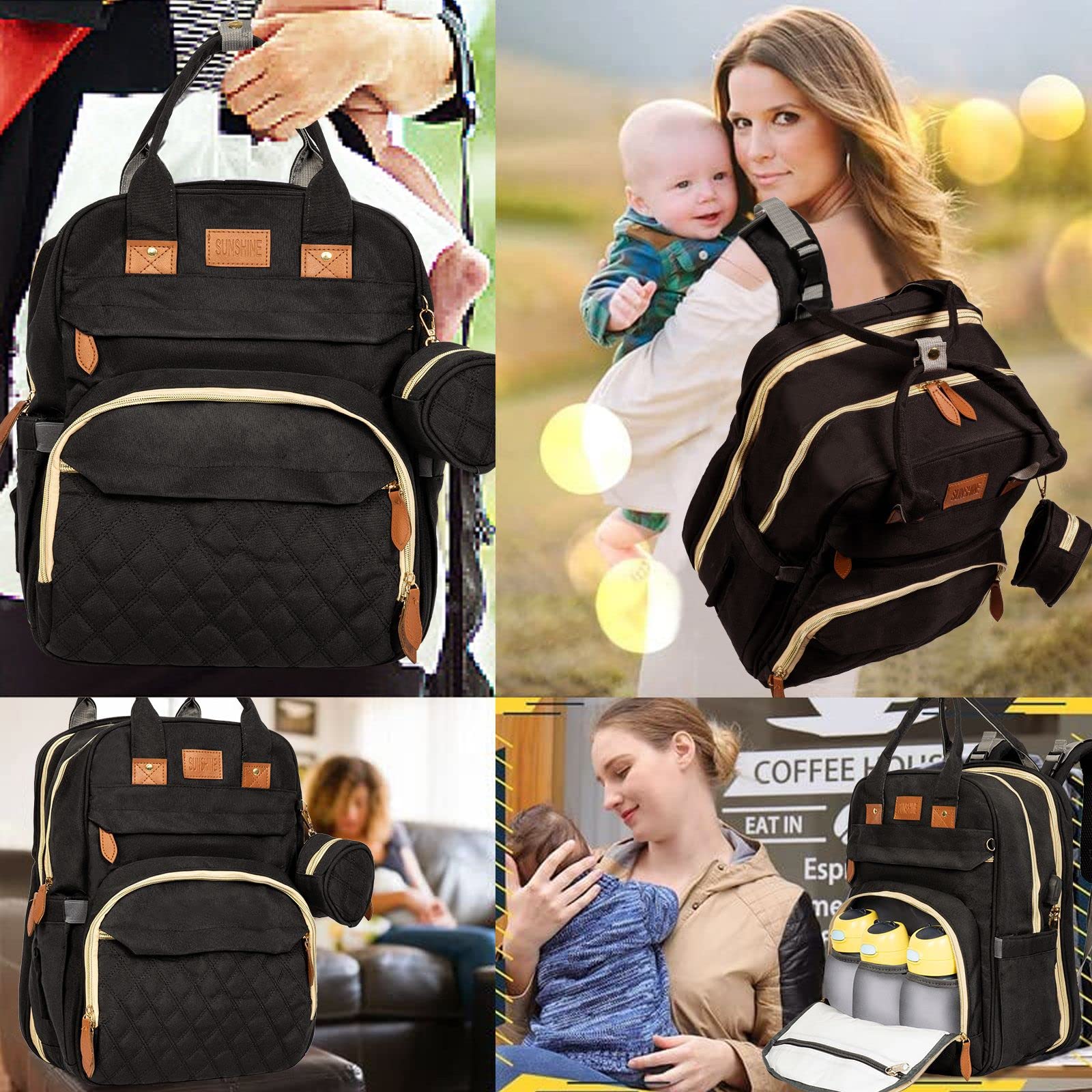 DAILY&DIARY Diaper Bag Backpack, Baby Bag Multifunction Waterproof Nappy Bag with Stroller Straps, USB Charging Port Unisex for Newborn Boys Girls, Black