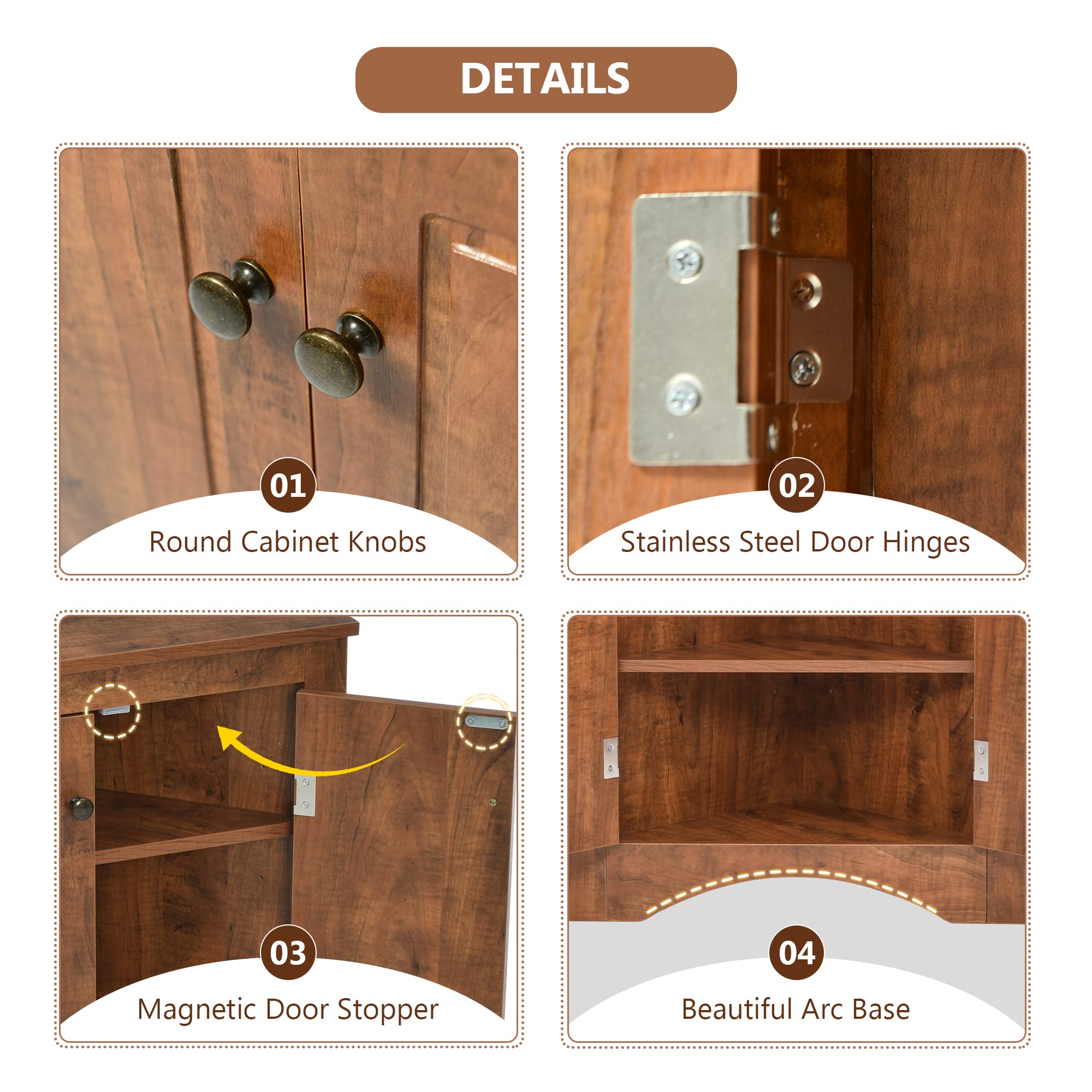 Merax Corner Storage Cabinet with Two Doors for Bathroom, Living Room or Kitchen, Adjustable Shelf, Freestanding Floor Space Saver, Brown