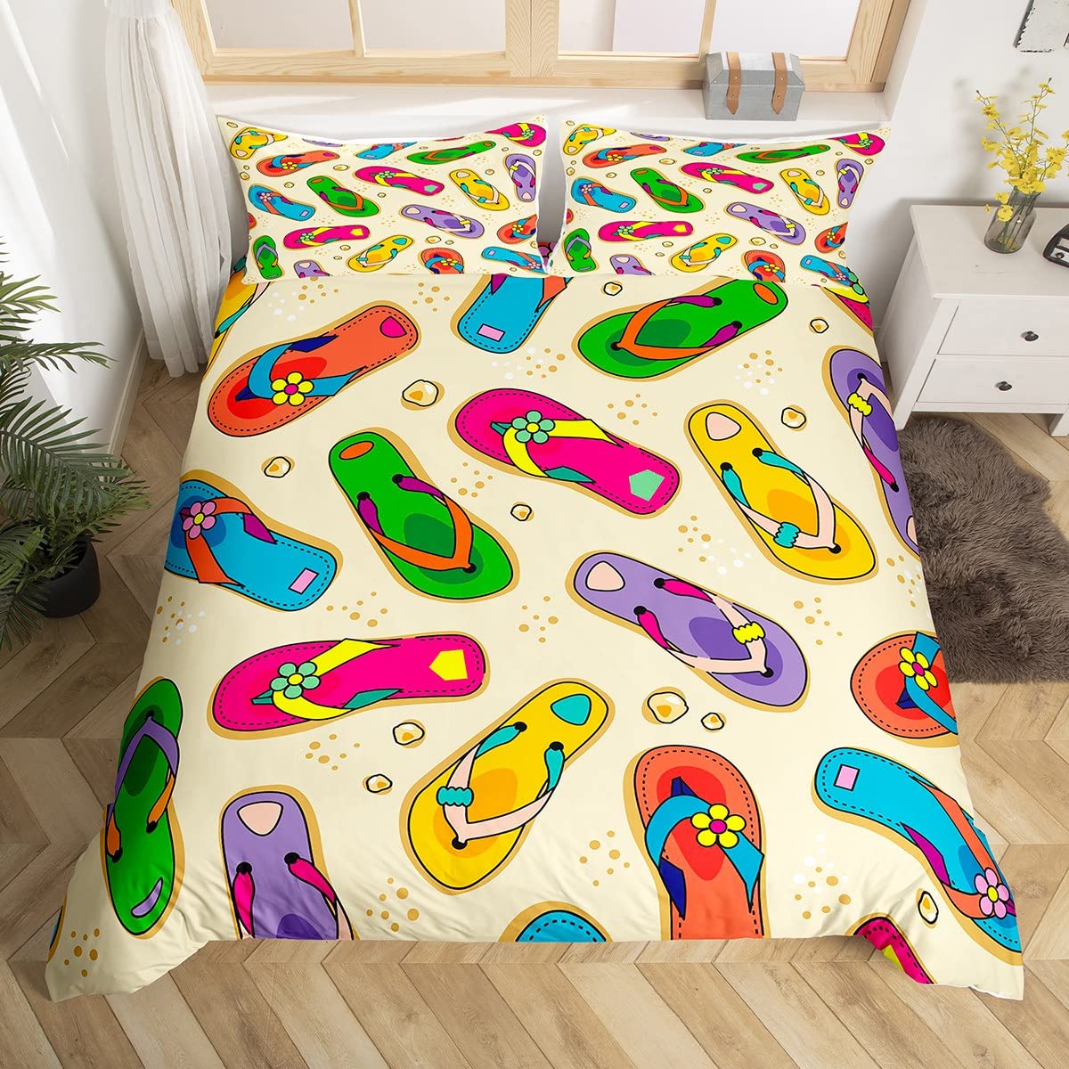 Colorful Flip Flops Duvet Cover Twin Size Cartoon Beach Holiday Bedding Set 2pcs Kids Boys Girls Bedroom Decor Rainbow Flowers Beach Shoes Comforter Cover Hello Summer Quilt Cover,1 Pillowcase