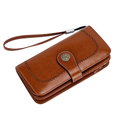 Cnoles Womens Wallet Genuine Leather Large Capacity Wristlet Clutch Purse Credit Card Holder with RFID Blocking Purse Light Brown