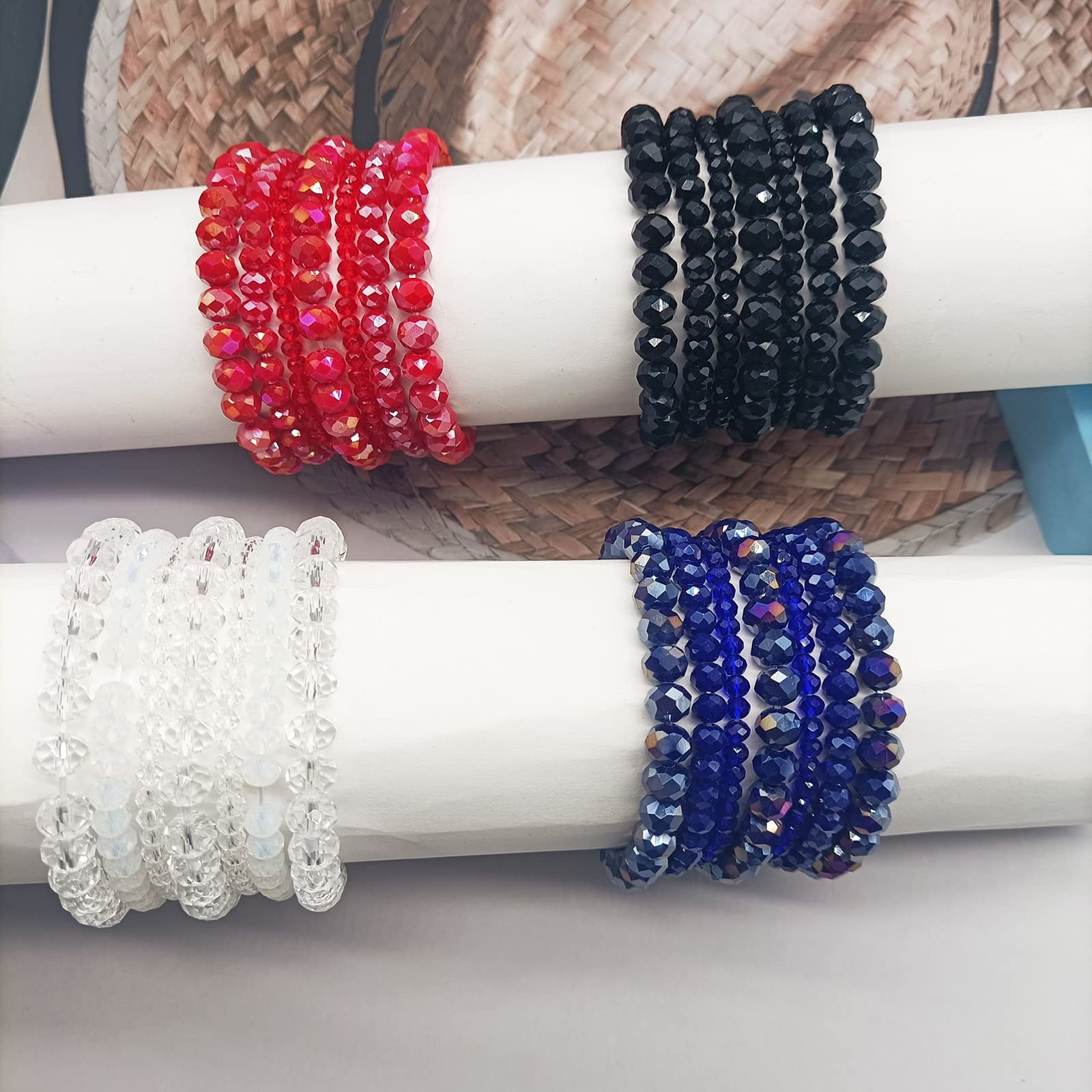 CASDAN 28 Pcs Crystal Beaded Bracelets for Women Bohemian Stackable Stretch Bracelets Crystal Beads Bracelets Jewelry Set 4-8 MM