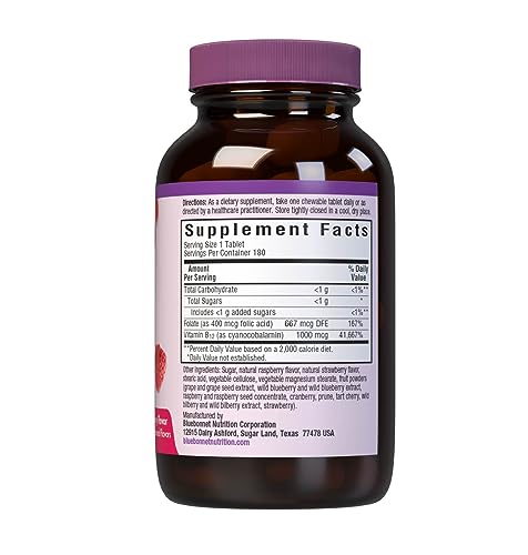 Bluebonnet Nutrition Earth Sweet Vitamin B12 & Folic Acid Chewable Tablets, Cream Raspberry 180 Count (Pack of 1)