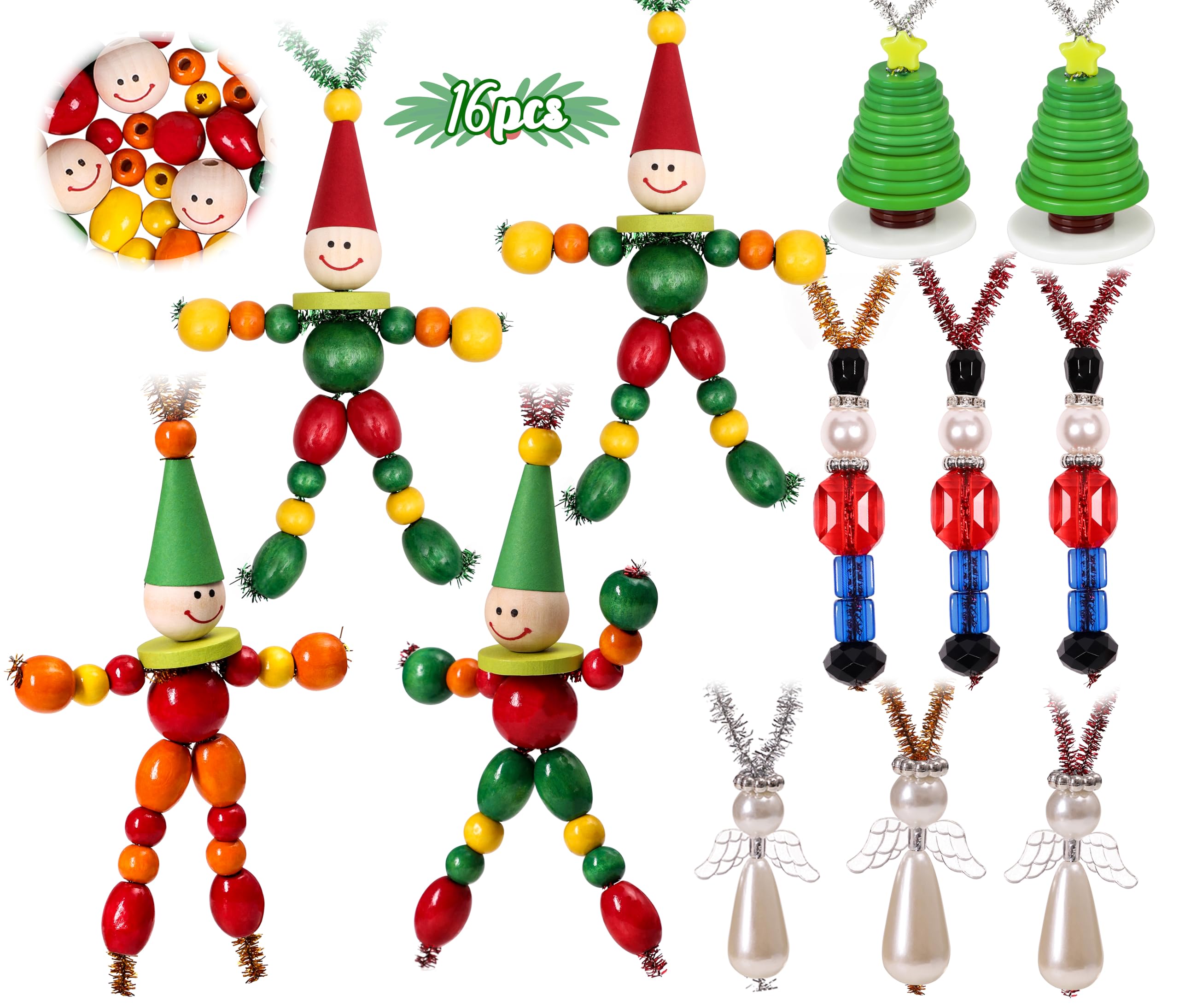 Tieshankao 16PCS Christmas Crafts for Kids - DIY Beads Ornaments Kits Include Nutcracker, Angel, Elf, Tree - Xmas Holiday Toys Gifts Stocking Stuffers Decor Party Decorations Supplies(Need Assembly)