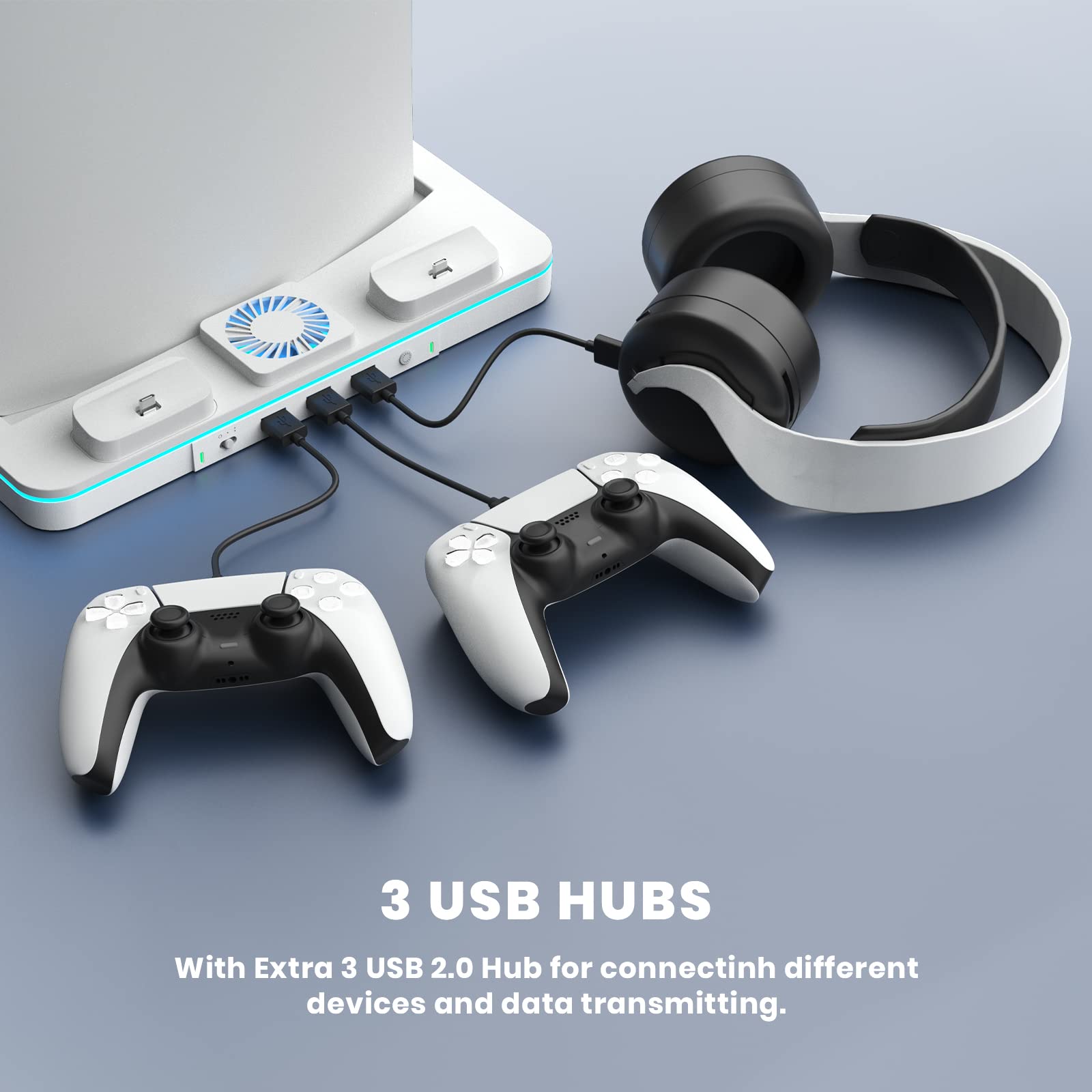 CODOGOY PS5 Cooling Stand with Controller Charger, Cooling Station for PS5 Disc & Digital Editions, 2 Levels Adjustable Fans Speed, PS5 Controller Charging Docking Station with 3 USB Ports