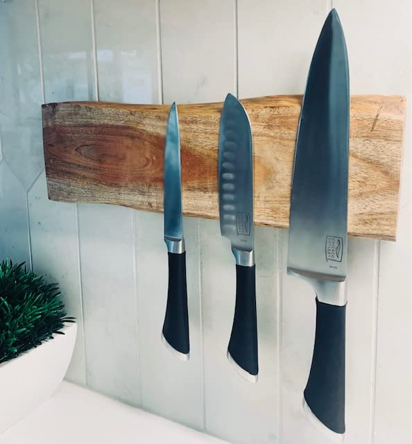 IMPROVED STRONGER Magnetic Knife Holder - Wood Knife Block - Knife Strip - Kitchen Organizer - Live Edge, Holds 5 Knives