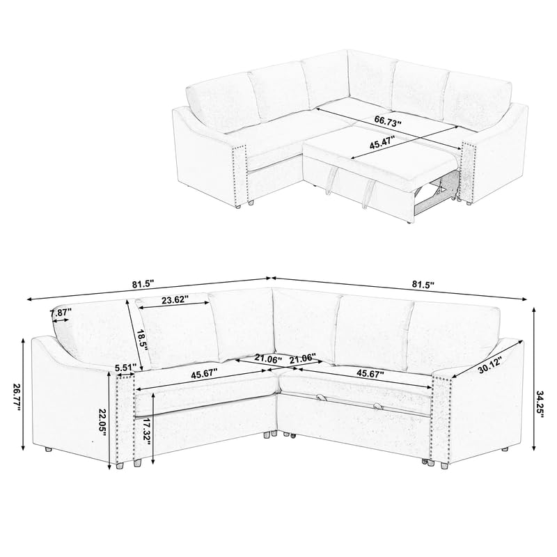 Couches for Living Room, Convertible Sectional Sofa Couch L Shaped Couch with Pull Out Sofa Bed & Square Handrail, Built-in Nailheads Trim, 5-seat Modular Sectional Sofa for Small Spaces, Grey