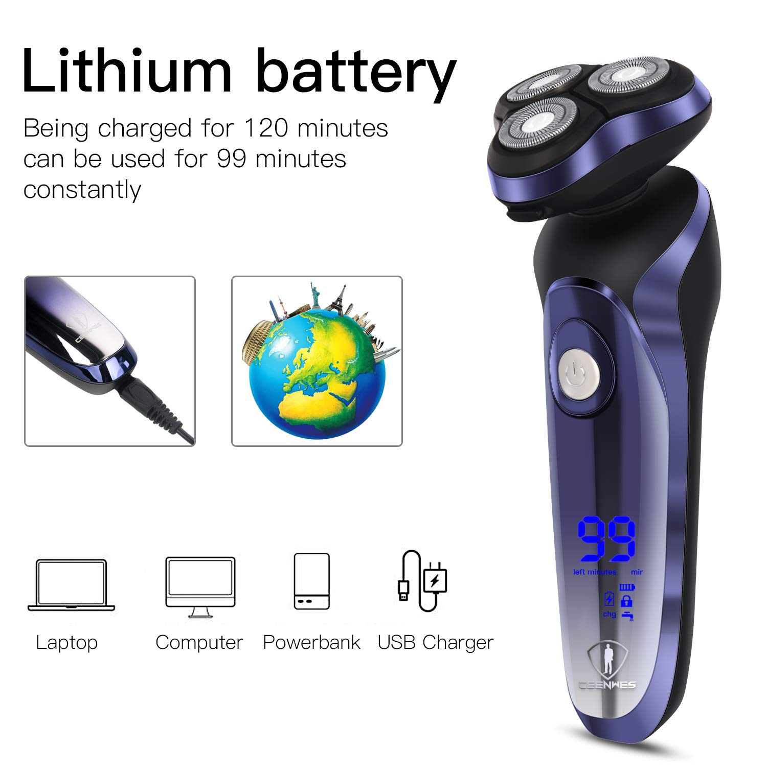 Ceenwes Electric Razor for Men 3 in 1 Grooming Kit with Nose Trimmer Sideburns Trimmer 100% Waterproof Electric Shaver Rechargeable Cordless Rotary Shavers