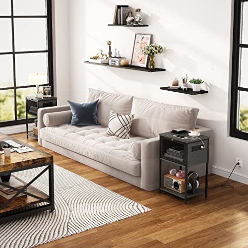 NONGSHIM Nightstand with Charging Station and USB Ports, Night Stand with Flip Drawer and Open Storage Shelf,Bedside Table for Small Spaces,Side End Table for Bedroom,Living Room-Grey