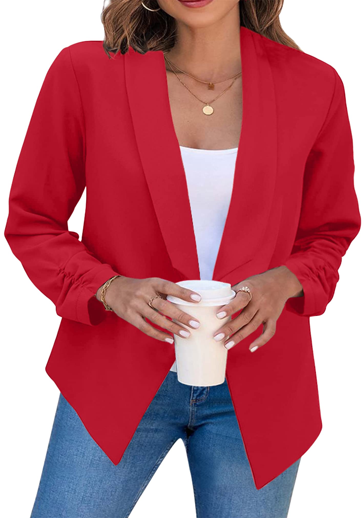 BOFETA Blazers for Women Solid Color Open Front Blazer Long Sleeve Ruched Sleeve Blazer Red XL