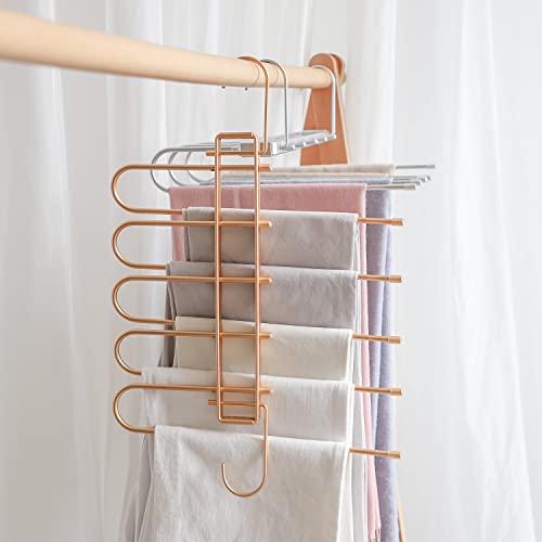 Pants Hangers Space Saving,Closet Hangers 5 Layers 2 Uses Multi Functional Pants Rack,Metal Heavy Duty Wardrobe Organizer Racks for Clothes Trousers Scarves Ties (Gold)